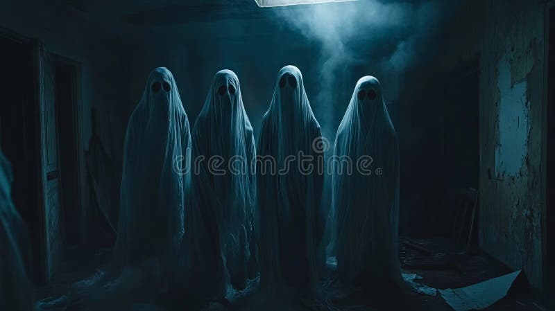 A Group of Ghosts Standing in a Dark Room Stock Photo - Image of paint ...