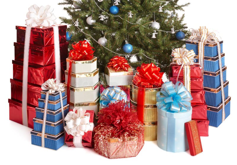 Group Gift Box, Christmas Tree with Blue Ball. Stock Photo - Image of ...