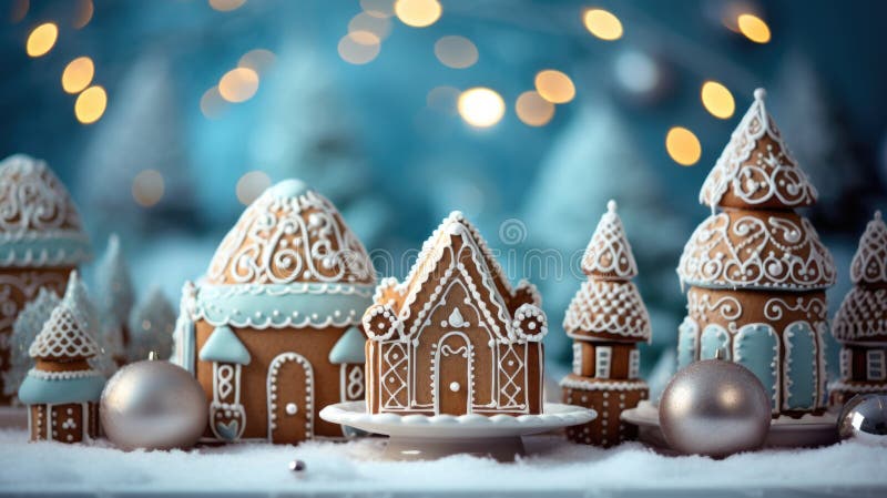 A Group of Gingerbread Houses Sitting on Top of Snow Covered Ground ...