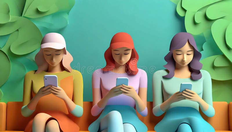 Group of Girls Using Smart Phone. Sitting Looking at Phone Illustration ...