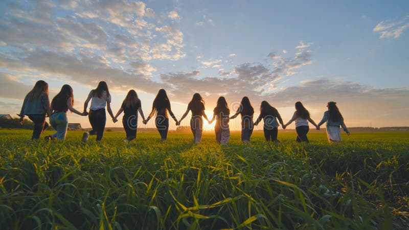 A Group of Girls Walk Towards the Sun at Sunset Holding Hands. Stock ...