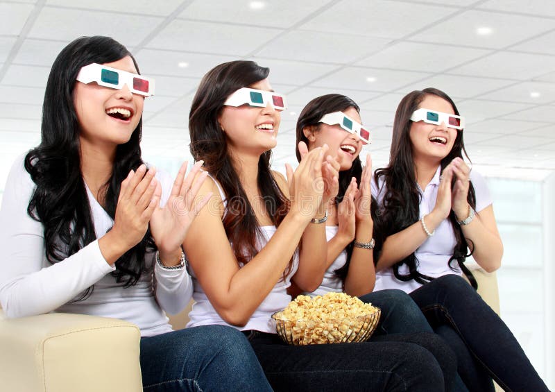 Group of Girls Watching Good 3D Movie Stock Image - Image of food ...