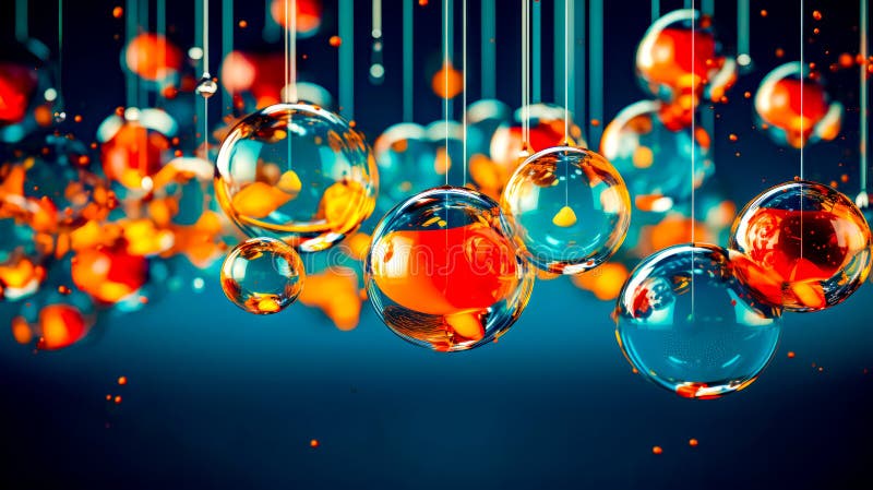 Group of Glass Balls Hanging from String on Dark Blue Background ...