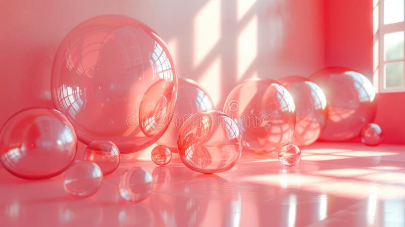 Group of Glass Balls on White Floor. Generative AI. Stock Illustration ...