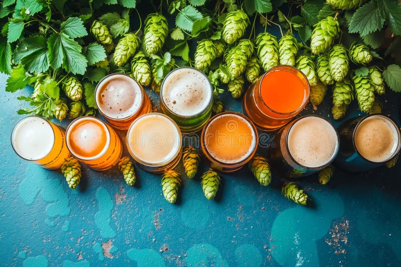 A Group of Glasses of Beer and Hops on a Blue Surface Stock Image ...