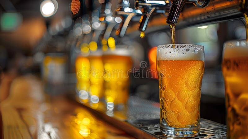A Group of Glasses Being Filled with Beer at a Bar, AI Stock Image ...