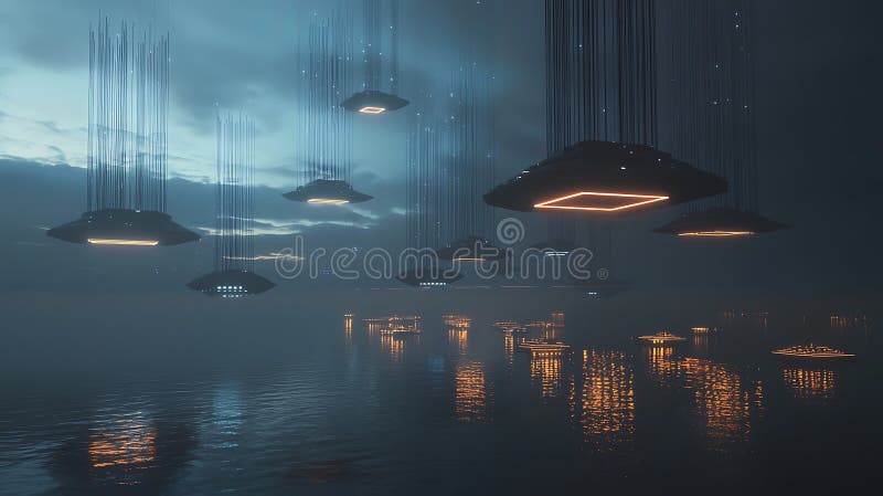A Group of Glowing, Floating Objects are Suspended Above a Body of ...