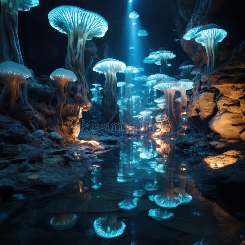 A Group of Glowing Mushrooms in a Cave Stock Illustration ...