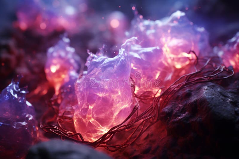 A Group of Glowing Pink and Purple Crystals on a Rock Stock ...