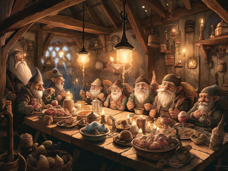 A Group of Gnomes Seated at a Large Table in the Style of the Lord of ...