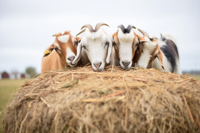 Group of Goats Nibbling on a Large, Round Hay Bale Stock Photo - Image ...