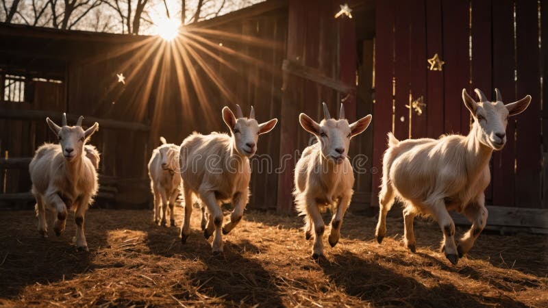 Golden Hour Goats Running Towards the Barn Stock Illustration ...