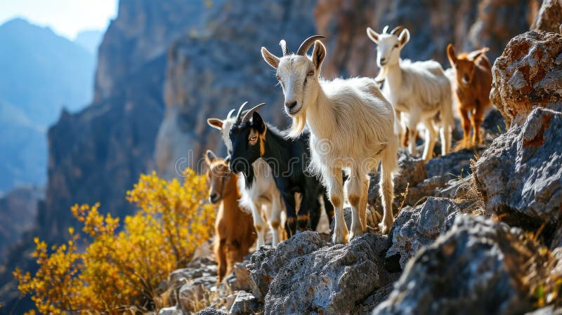 A Group of Goats Standing on Top of a Rocky Hill Stock Image - Image of ...