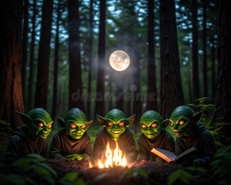 Group of Goblins Gathered Around Magical Fire in Forest, Illuminated by ...