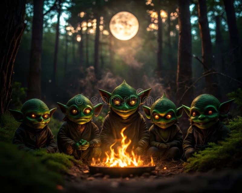 Group of Goblins Gathers Around Magical Fire in Mystical Forest ...