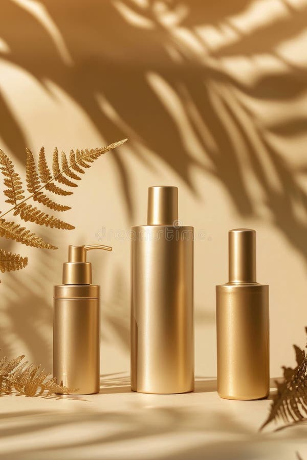 A Group of Gold Bottles on a Table, Suitable for Various Design ...