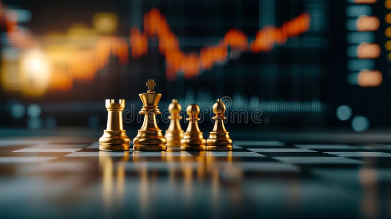 A Group of Gold Chess Pieces on a Chess Board with a Stock Market Chart ...