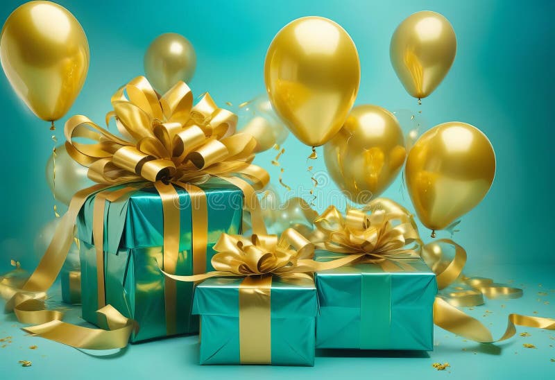 A Group of Gold Gift Boxes with Gold Balloons Floating Stock ...