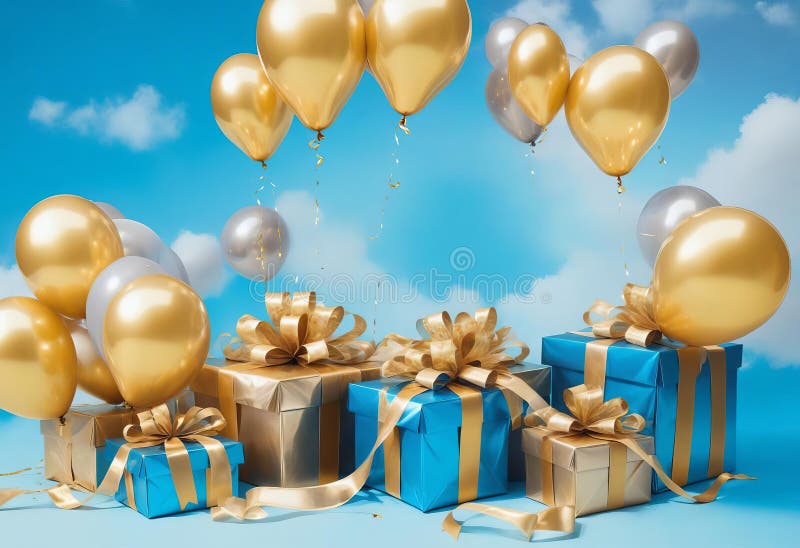 A Group of Gold Gift Boxes with Gold Balloons Floating Stock ...
