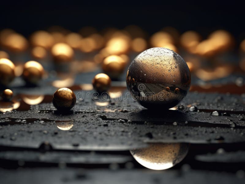 Group of Gold Spheres on Black Surface Stock Illustration ...