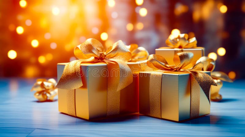 Group of Gold Wrapped Presents on Table with Lights in the Background ...