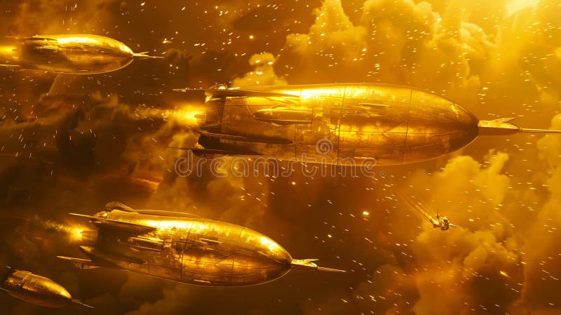 A Group of Gold Zeppelins Flying through a Cloudy Sky Stock Image ...