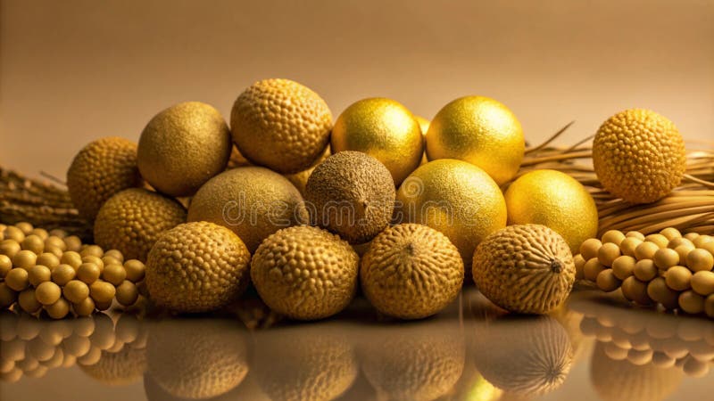 A Group of Golden Fruits and Nuts with a Reflective Surface Stock ...