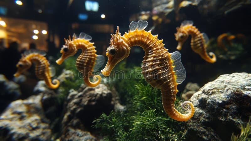 Group of Golden Seahorses in Aquarium Environment Stock Illustration ...