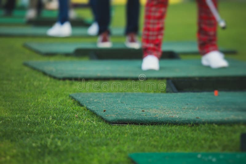 Group of Golfers Practicing and Training Golf Swing on Driving Range ...