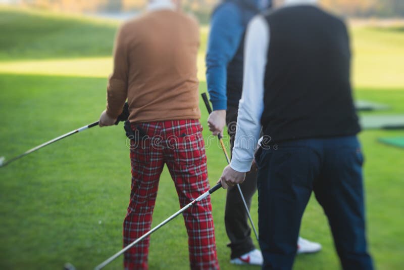 Group of Golfers Practicing and Training Golf Swing on Driving Range ...