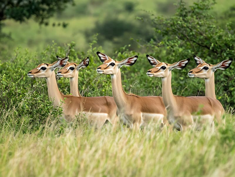 Group of Graceful Antelopes in the Wild Amongst Greenery in a Calm ...