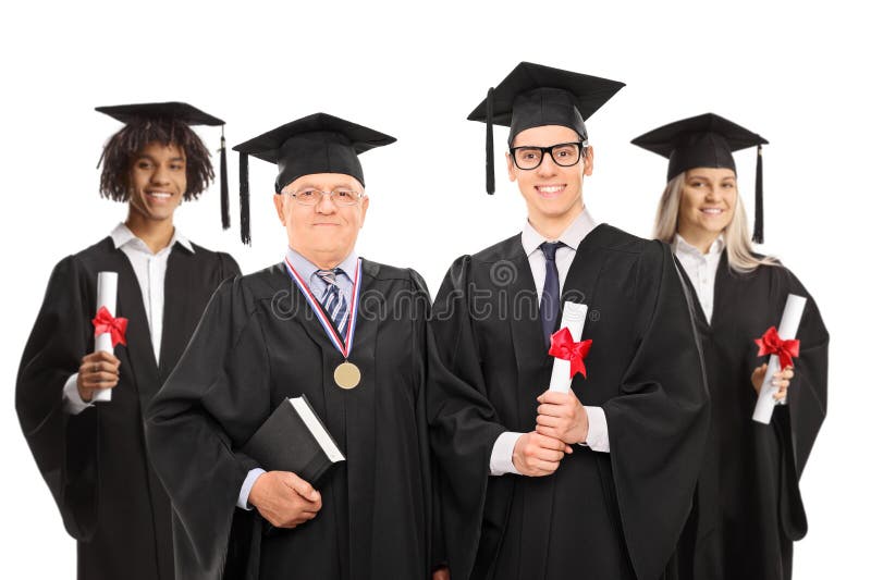 Group of Graduate Students with a Mature Man Holding Certificates Stock ...