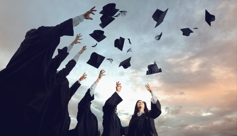 Hands Throwing Graduate Cap In Sky Stock Photo - Image of fingers ...