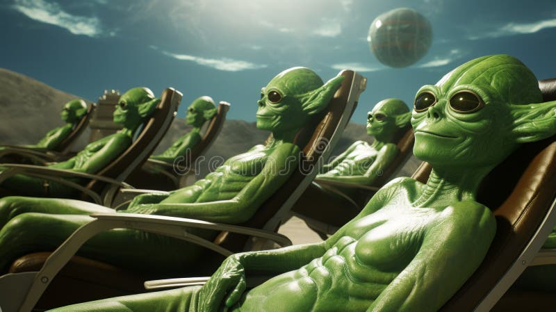 Group of Green Aliens Relaxing in Lawn Chairs Stock Image - Image of ...
