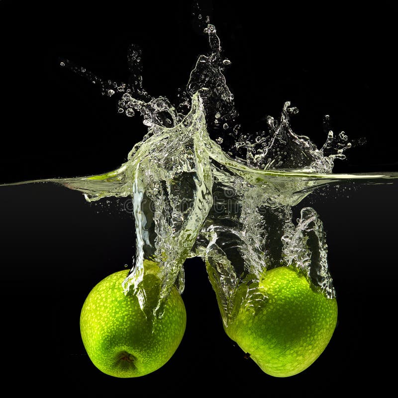 Group of Green Apples Falling in Water on Black Background Stock Image ...