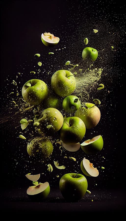 Group of Green Apples Fruit Creatively Falling-Dripping Flying or ...