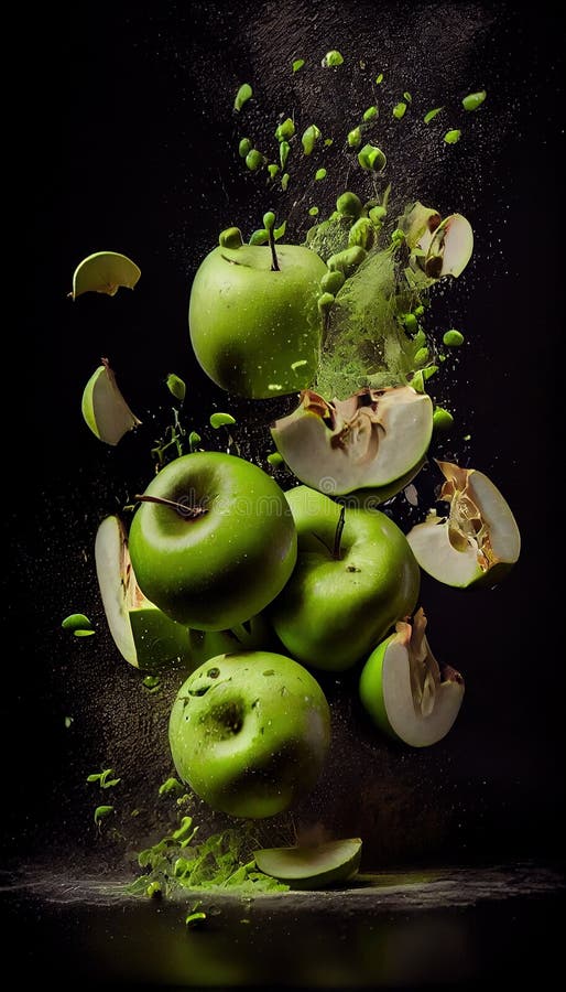 Group of Green Apples Fruit Creatively Falling-Dripping Flying or ...