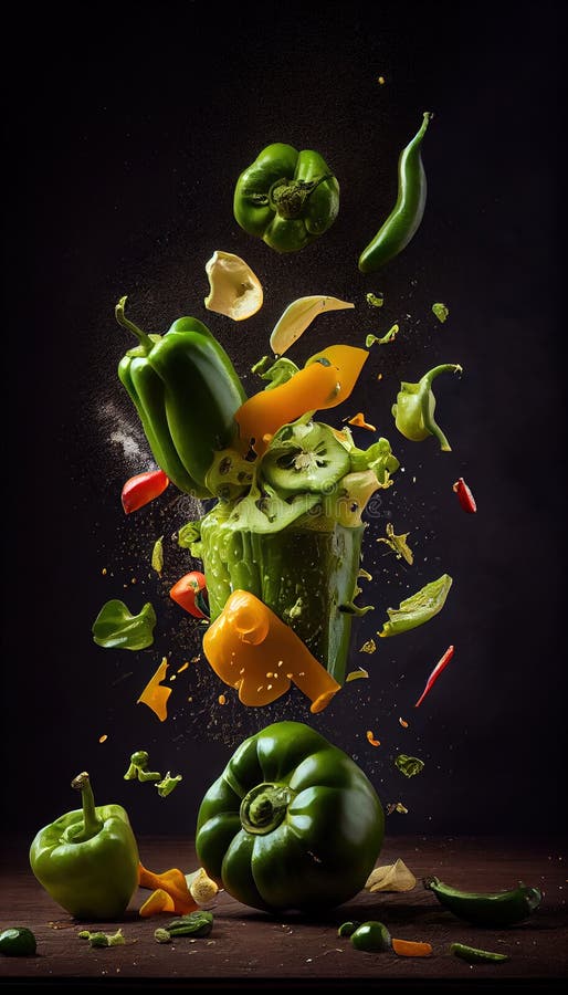 Group of Green Bell Peppers Vegetable Creatively Falling-Dripping ...