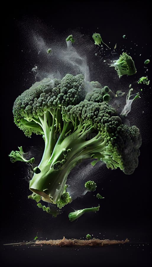 Group of Green Broccoli Vegetable Creatively Falling-Dripping Flying or ...