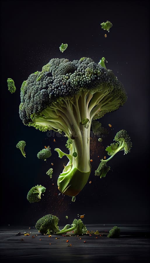 Group of Green Broccoli Vegetable Creatively Falling-Dripping Flying or ...