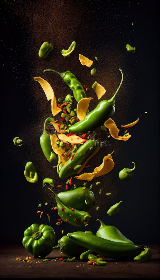 Group of Green Chilli Peppers Vegetable Creatively Falling-Dripping ...
