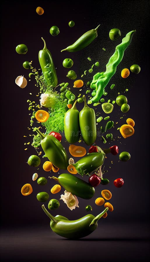 Group of Green Chilli Peppers Vegetable Creatively Falling-Dripping ...