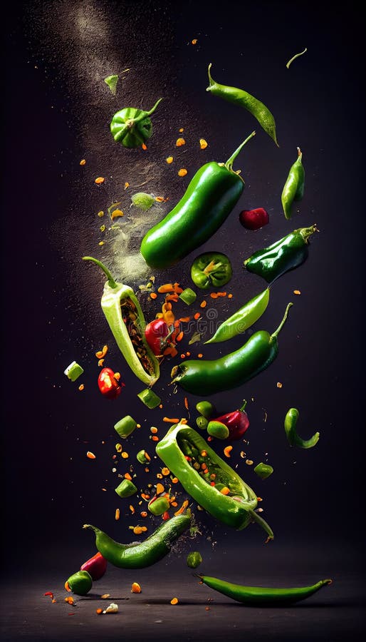 Group of Green Chilli Peppers Vegetable Creatively Falling-Dripping ...