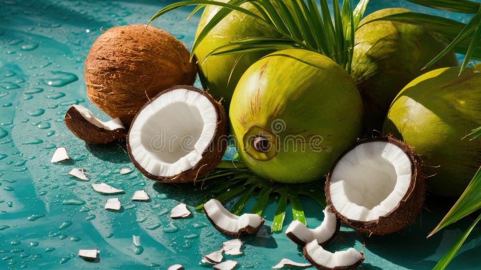 A Group of Green Coconuts and a Few Pieces are Cut Open, AI Stock Photo ...