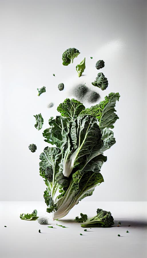 Group of Green Kale Lettuce Leafy Vegetable Creatively Falling-Dripping ...