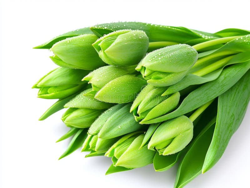 A Group of Green Tulips Glistening with Water Droplets Stock Image ...