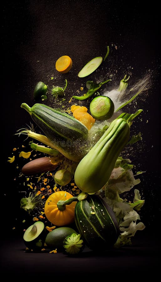 Group of Green Zucchini Vegetable Creatively Falling-Dripping Flying or ...