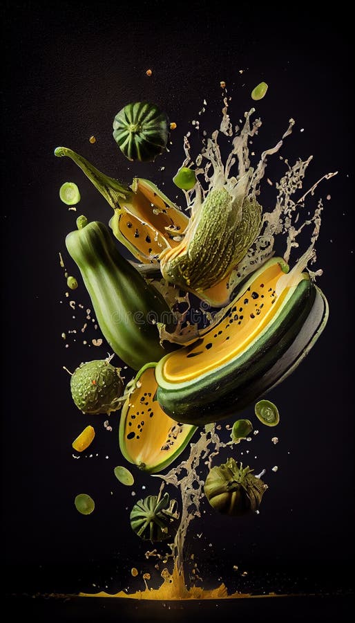Group of Green Zucchini Vegetable Creatively Falling-Dripping Flying or ...