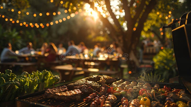 Group Grilling Food in Backyard. Generative by AI Stock Illustration ...