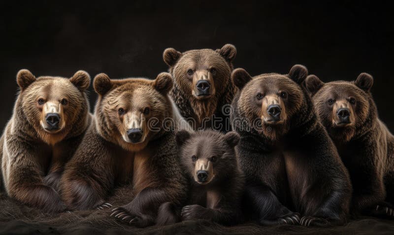 Group of Grizzly Bears Displaying Family Unity and Strength in Dark ...